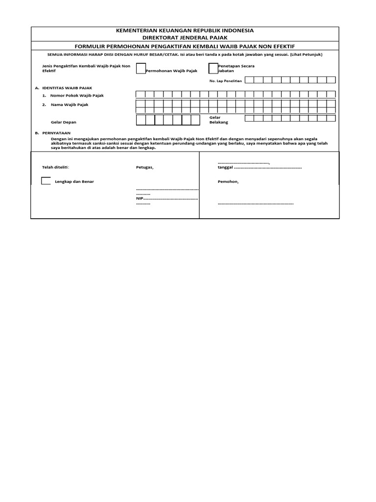 Formulir Pengaktifan NPWP Non Efektif | PDF