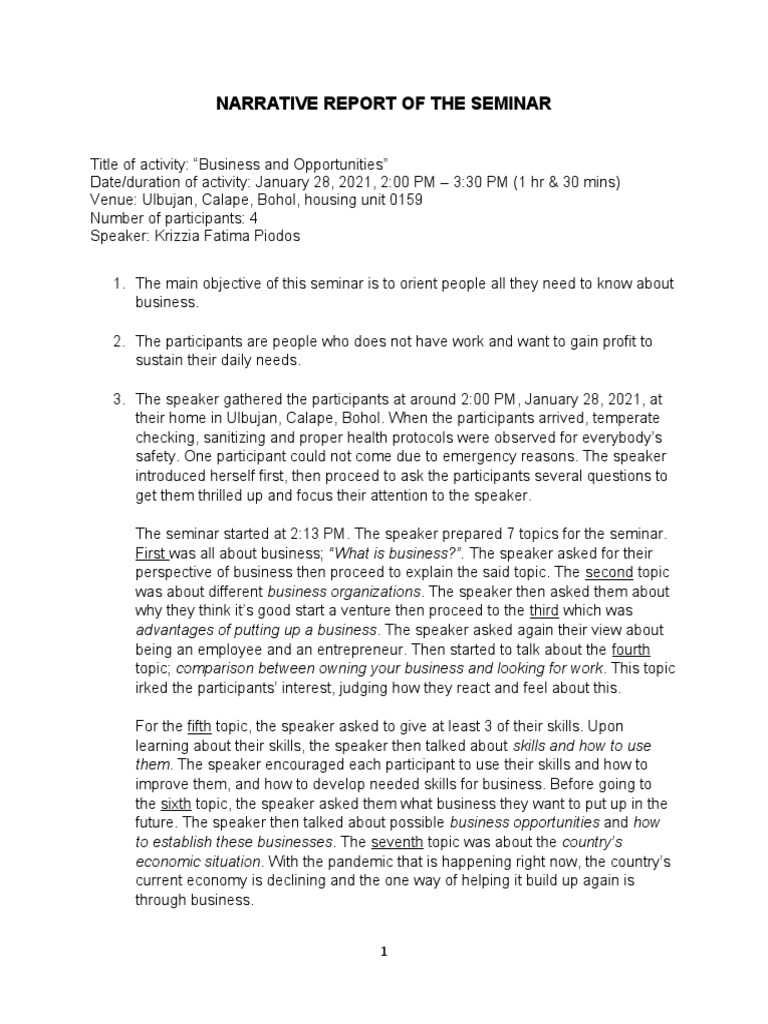 Narrative Report of The Seminar | PDF | Cognition | Human Nature