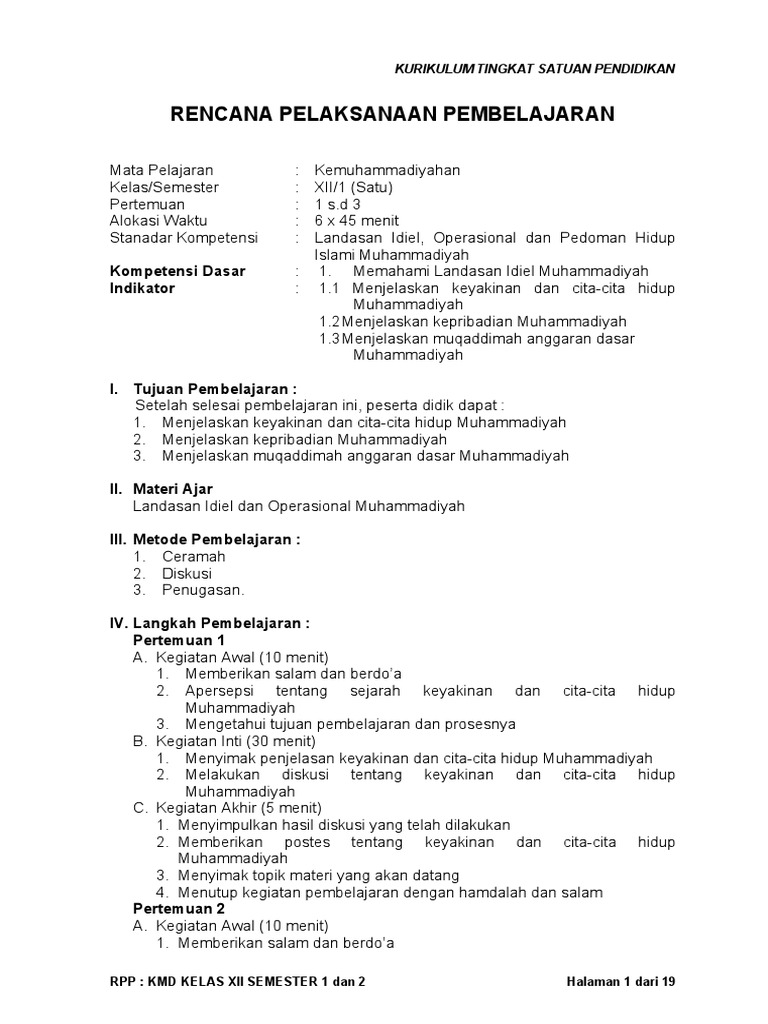 Dokumen - Tips RPP Kemuhammadiyahan Kls Xii SMT 1 Dan 2 | PDF