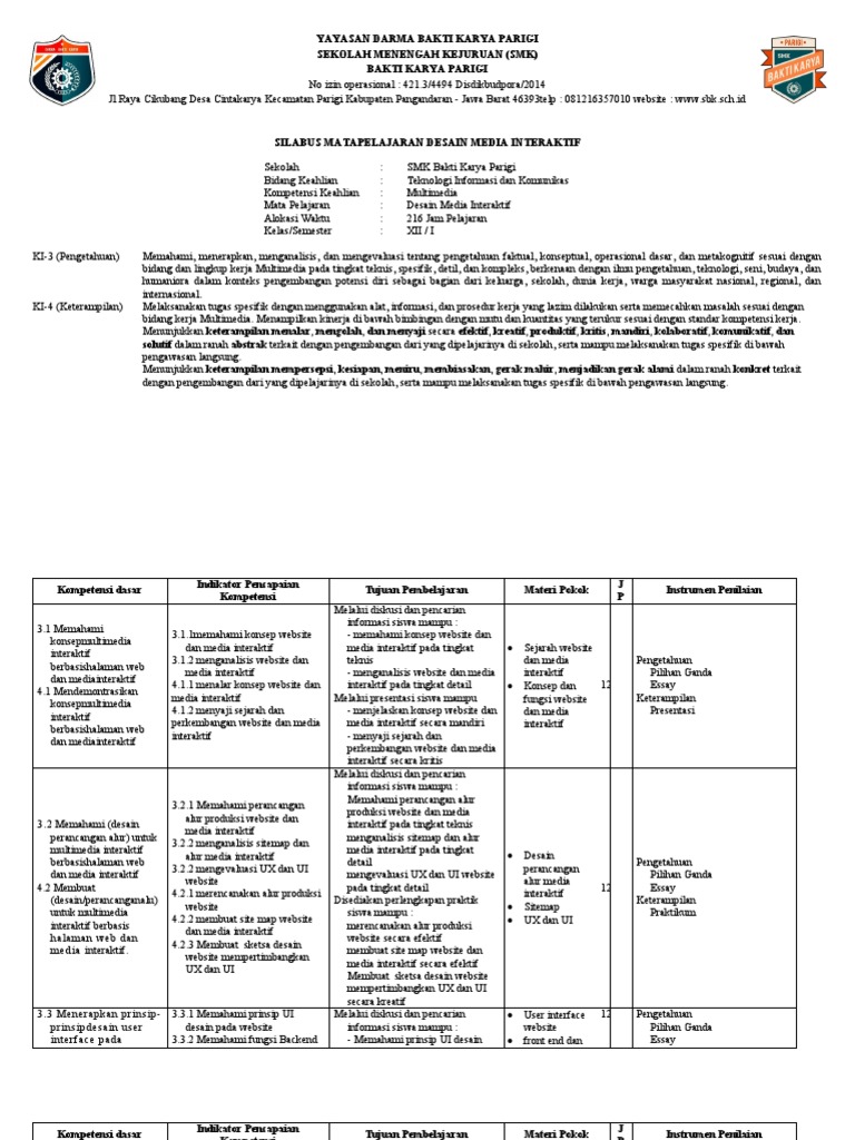 SILABUS, PROTA, PROMES DAN RPP MEDIA INTERAKTIF Sem 1 | PDF | Seni