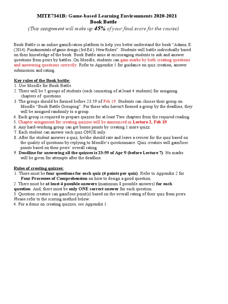 Book Battle Assignment (Draft) - V2021!2!4 | PDF | Quiz | Question