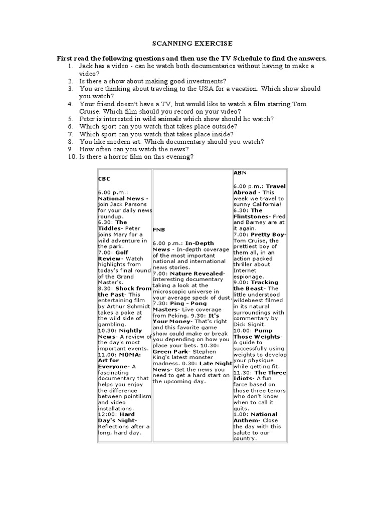 Scanning Exercise First Read The Following Questions and Then Use The ...