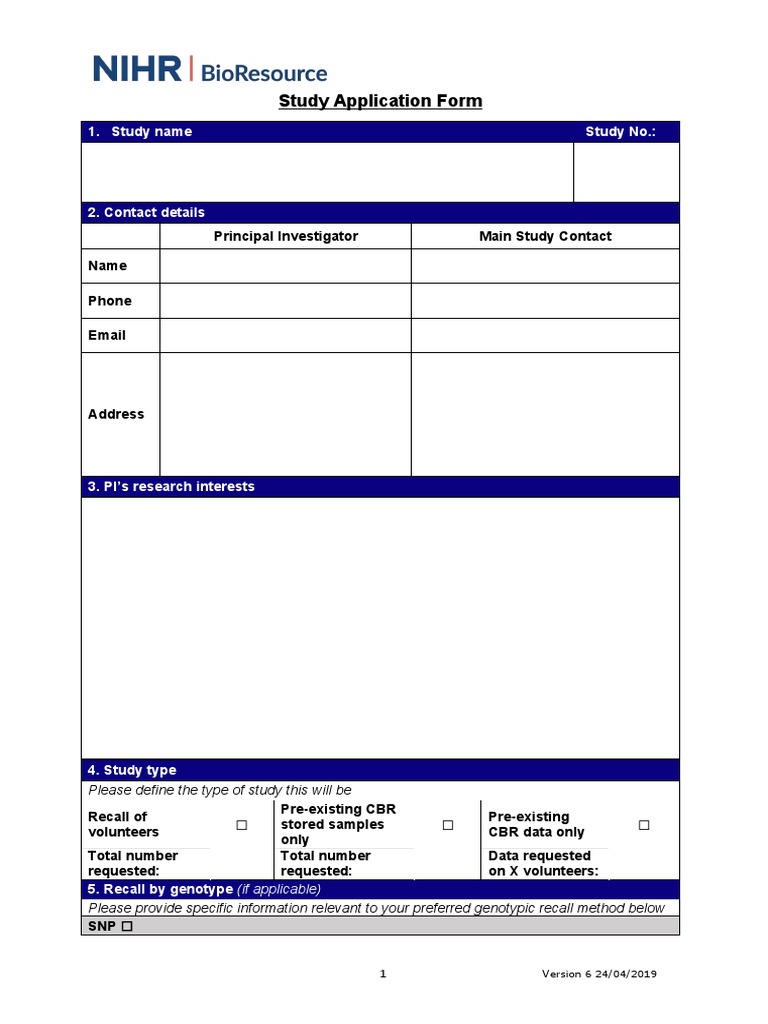 Study Application Form: 1. Study Name Study No. | PDF