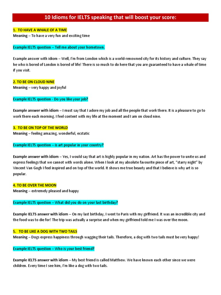 10 Idioms For IELTS Speaking That Will Boost Your Score | PDF