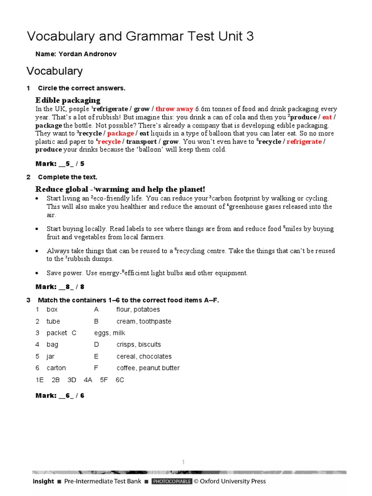 Vocabulary and Grammar Test Unit 3 | PDF