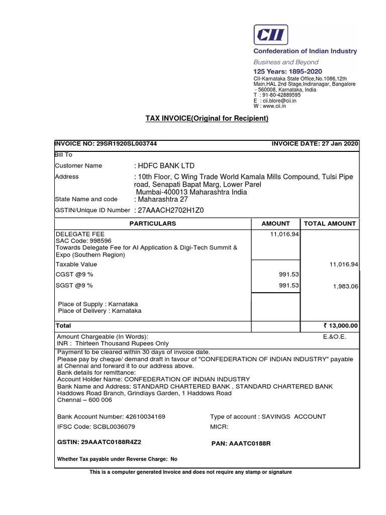 HDFC BANK LTD - Delegate GST Invoice | PDF | Invoice | Banks