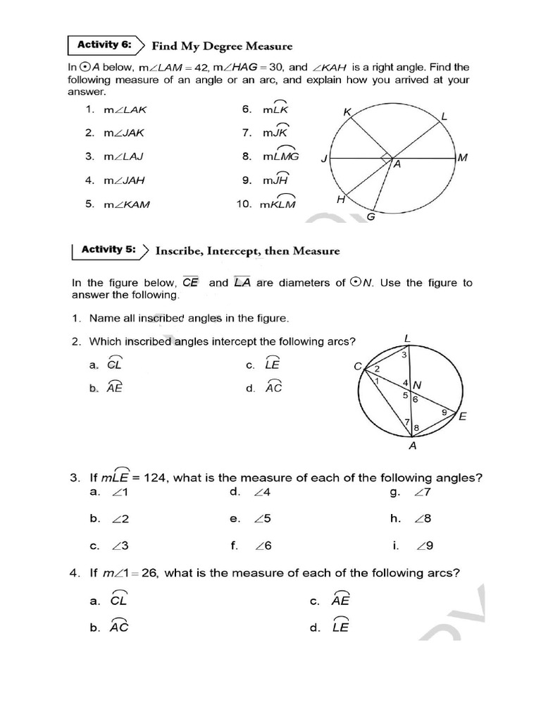 Central Angle Theorem and Inscribed Angle Theorem Activity | PDF