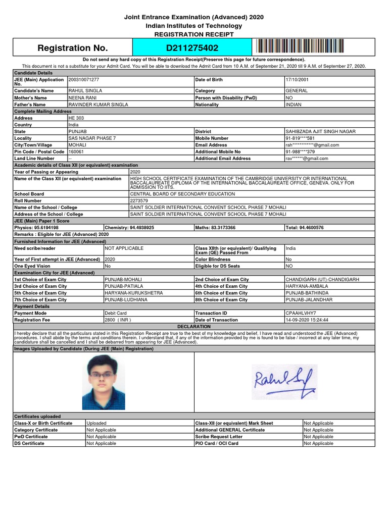 Jee Advanced Reciept | PDF | Test/Examination