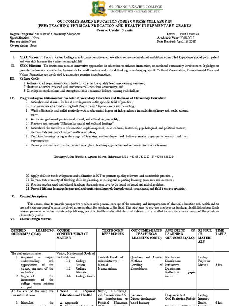 Outcomes-Based Education (Obe) Course Syllabus in (Peh) Teaching ...