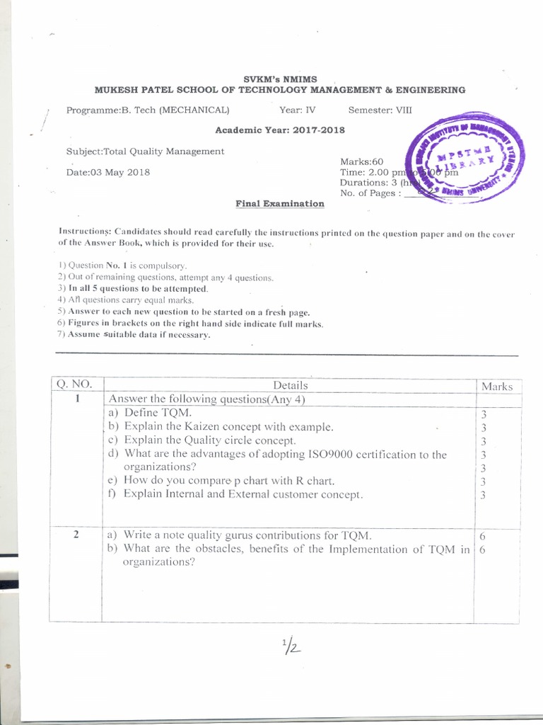 Total Quality Management Final Exam 2017-18 | PDF