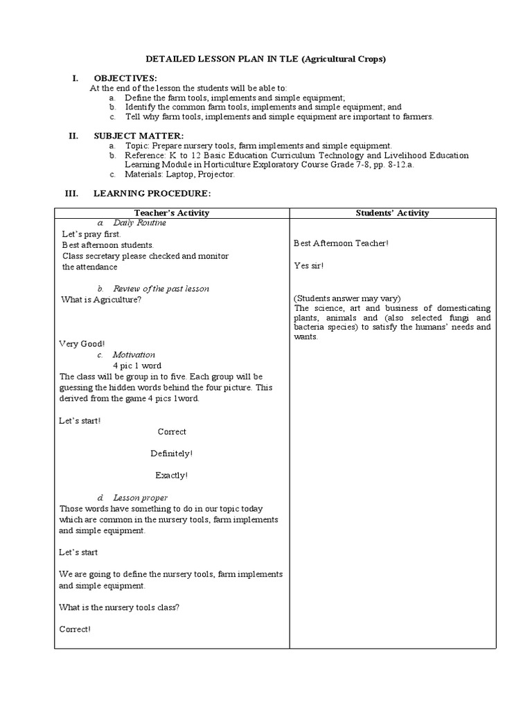 Detailed Lesson Plan in Tle | PDF | Farms | Preschool