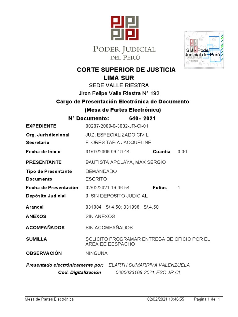 Lima Sur Corte Superior de Justicia: Cargo de Presentación Electrónica de Documento (Mesa de ...