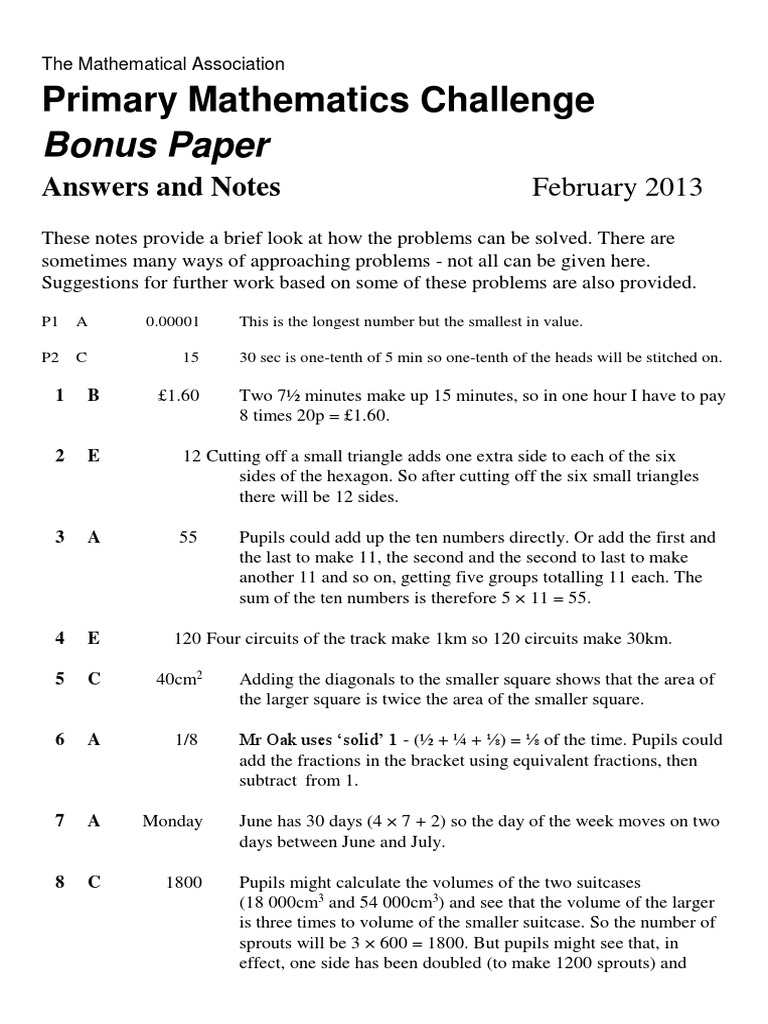Mathematical Association Primary Mathematics Challenge Bonus Paper ...