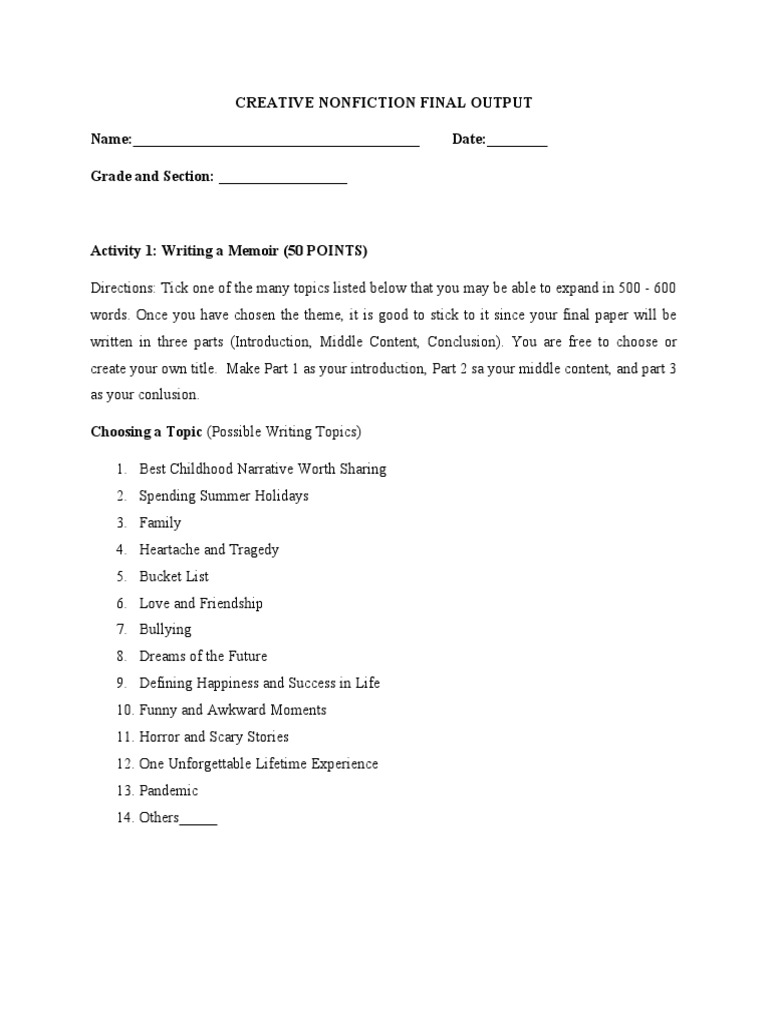 Creative Nonfiction Final Output | PDF | Rubric (Academic) | Human ...