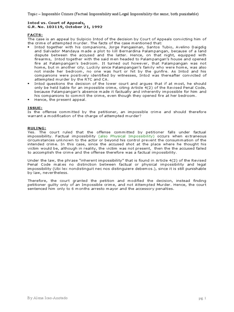 Intod vs. Court of Appeals Legal and Factual Impossibility Are ...