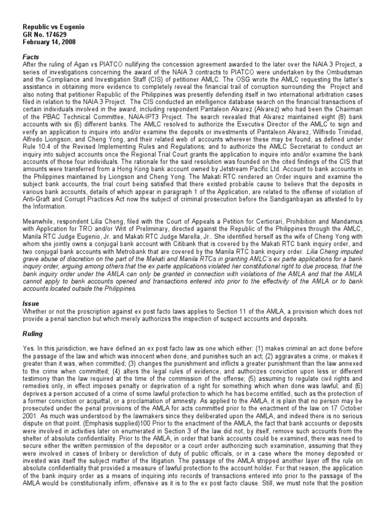 Facts: Republic Vs Eugenio GR No. 174629 February 14, 2008 | PDF | Ex Post Facto Law | Crime ...
