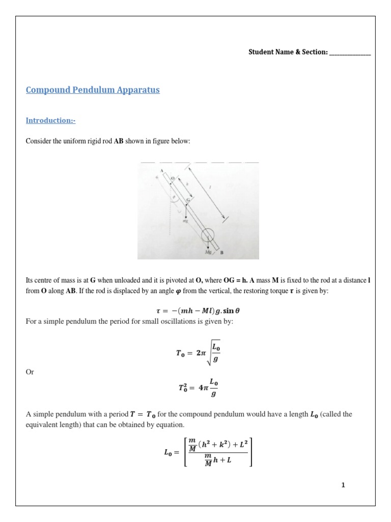 Student Manual of Compound Pendulum Apparatus | PDF | Pendulum | Center ...