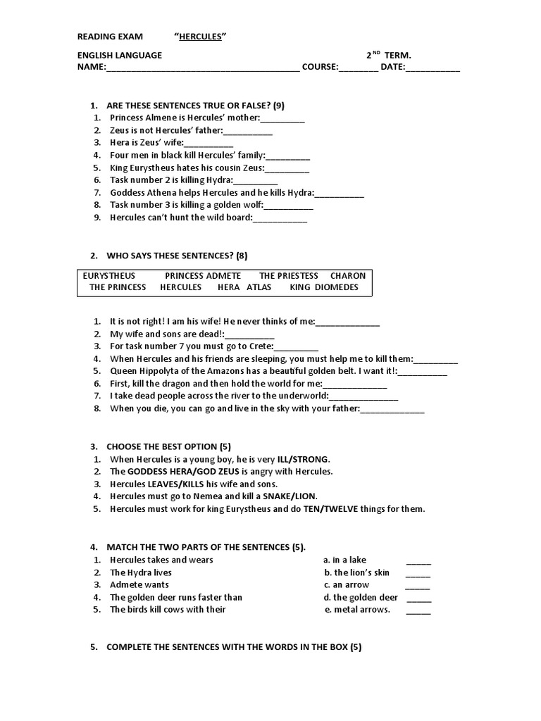 EXAMEN HÉRCULES-reading 1 | PDF | Hera | Hades