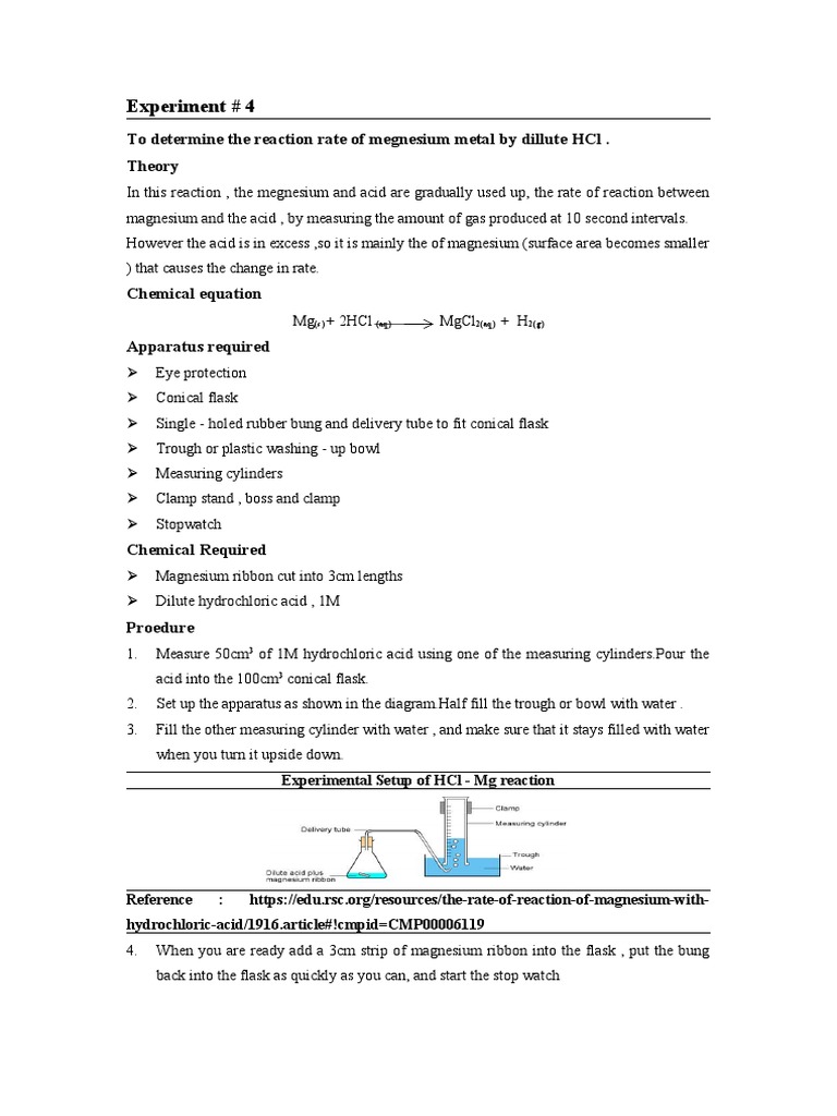 Experiment # 4: To Determine The Reaction Rate of Megnesium Metal by ...