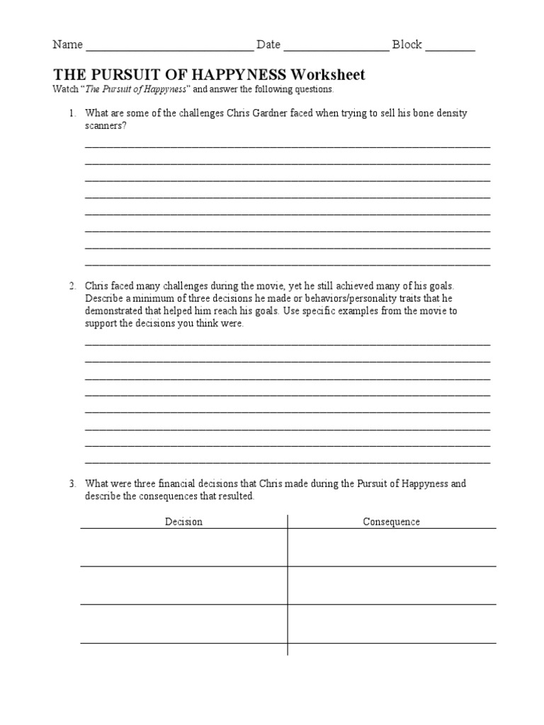 Pursuit of Happyness Worksheet | PDF | Psychology | Human Nature
