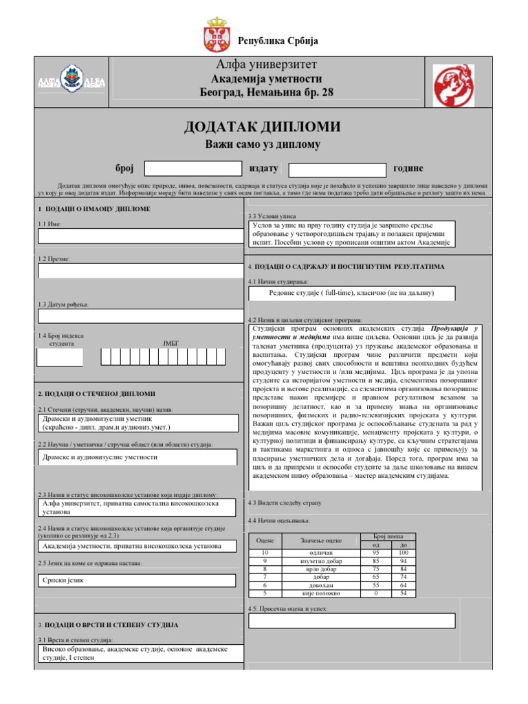 Prilog 4.1. Dodatak Diplomi Produkcija U Umetnosti I Medijima | PDF