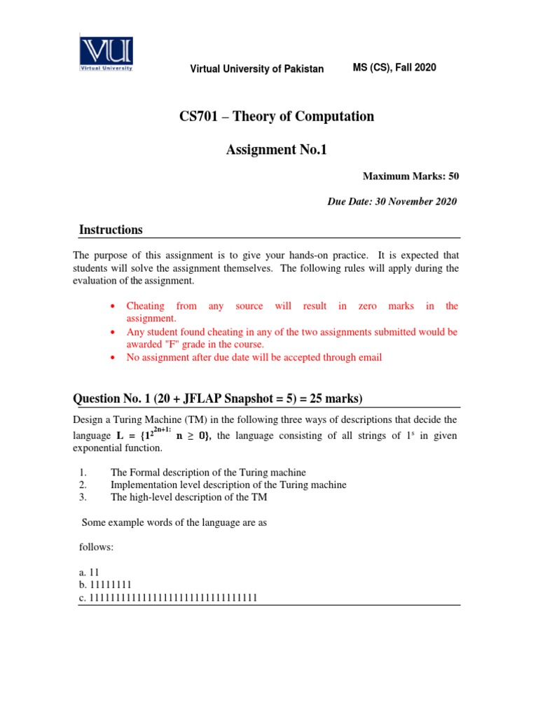 CS701 - Theory of Computation Assignment No.1: Instructions | Download Free PDF | Theory Of ...