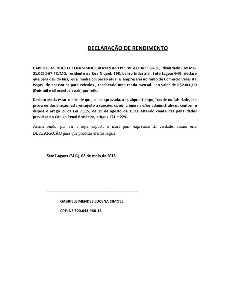 Declaração Rendimento | PDF