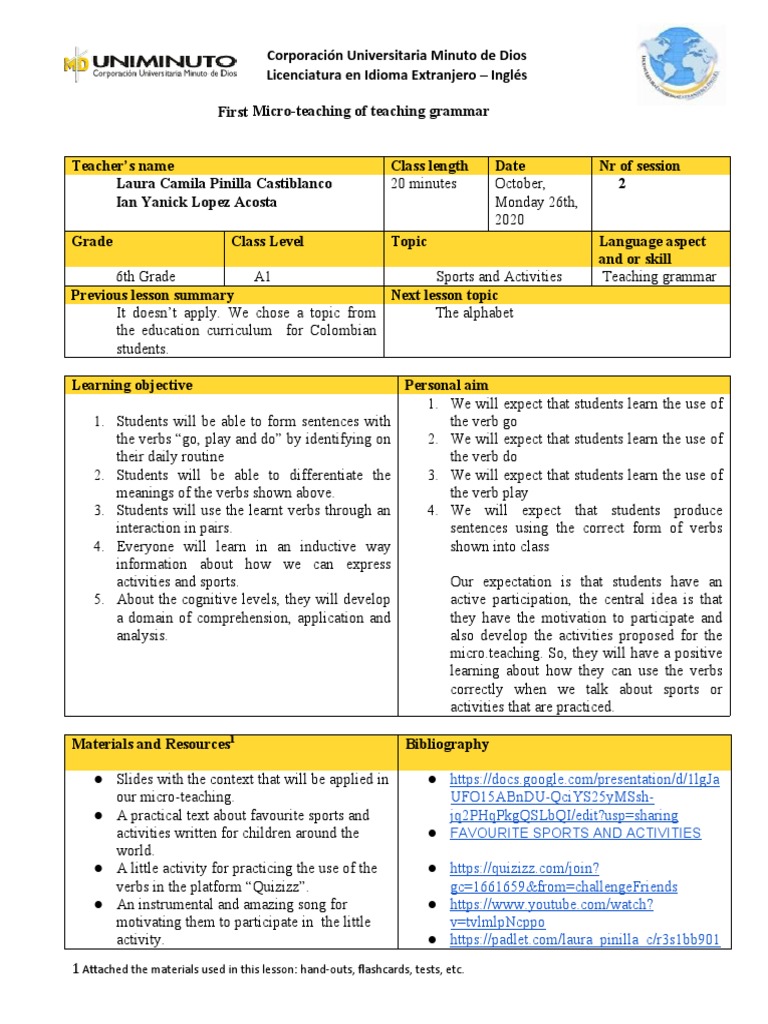 Teaching Grammar Sports and Activities Lesson Plan Format | PDF ...