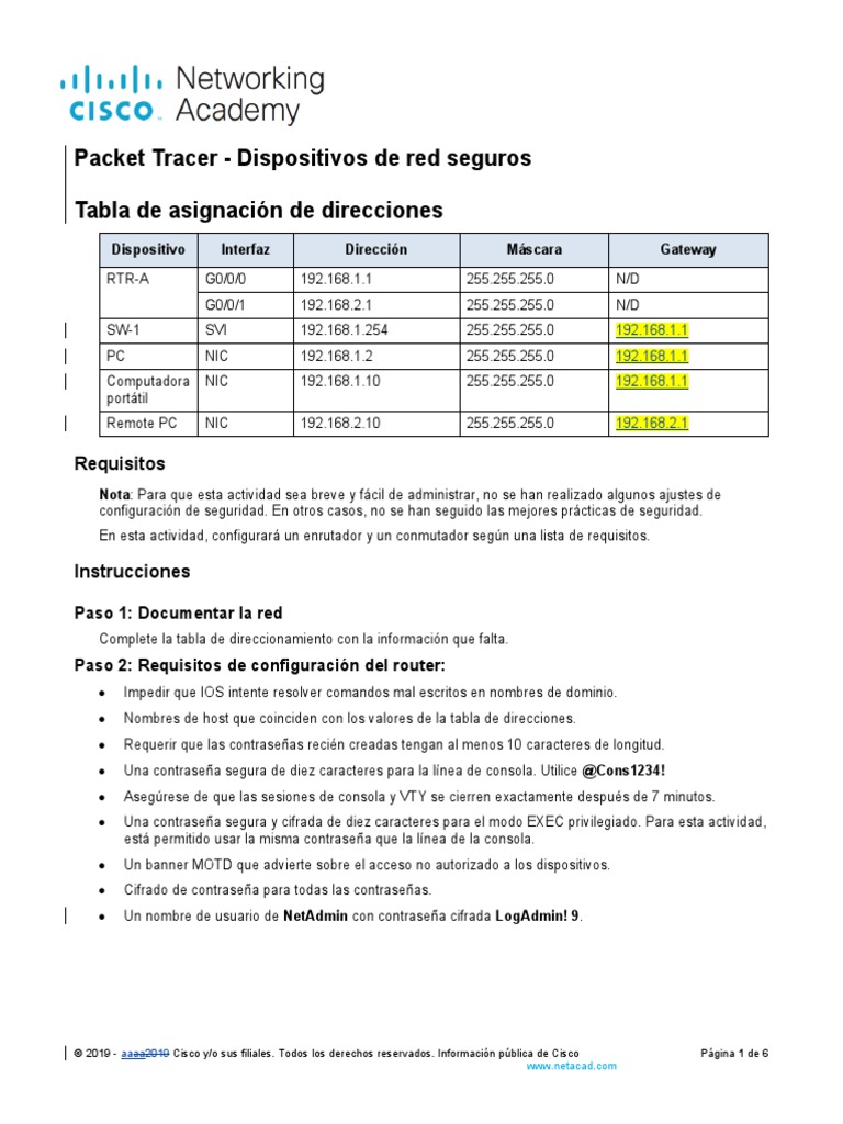 16.5.1 Packet Tracer - Secure Network Devices | Descargar gratis PDF | Contraseña | Conmutador ...