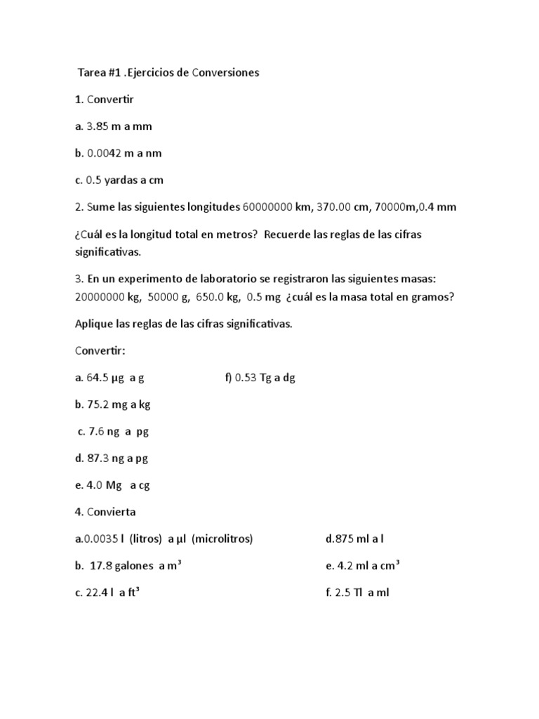 Ejercicios de Conversiones de Medidas | PDF