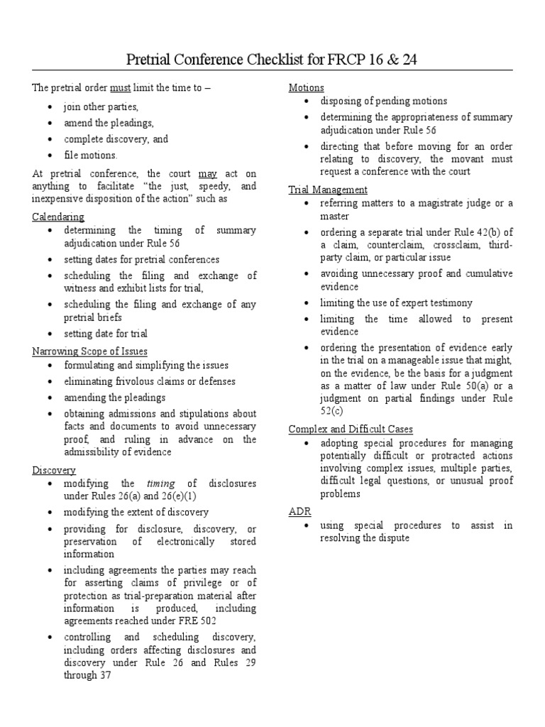 Scheduling Conference Checklist | PDF | Discovery (Law) | Federal Rules ...