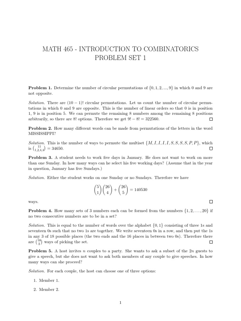 Math 465 - Introduction To Combinatorics Problem Set 1 | PDF | Permutation | Mathematical Objects