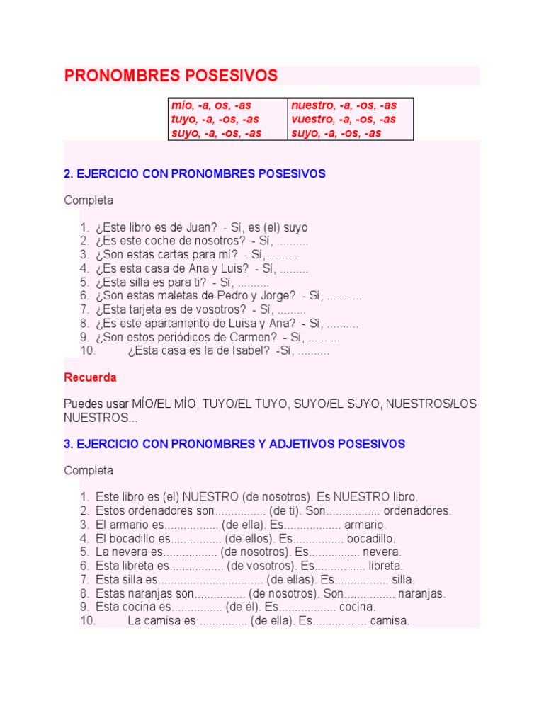 Ejercicios de Pronombres Posesivos | PDF