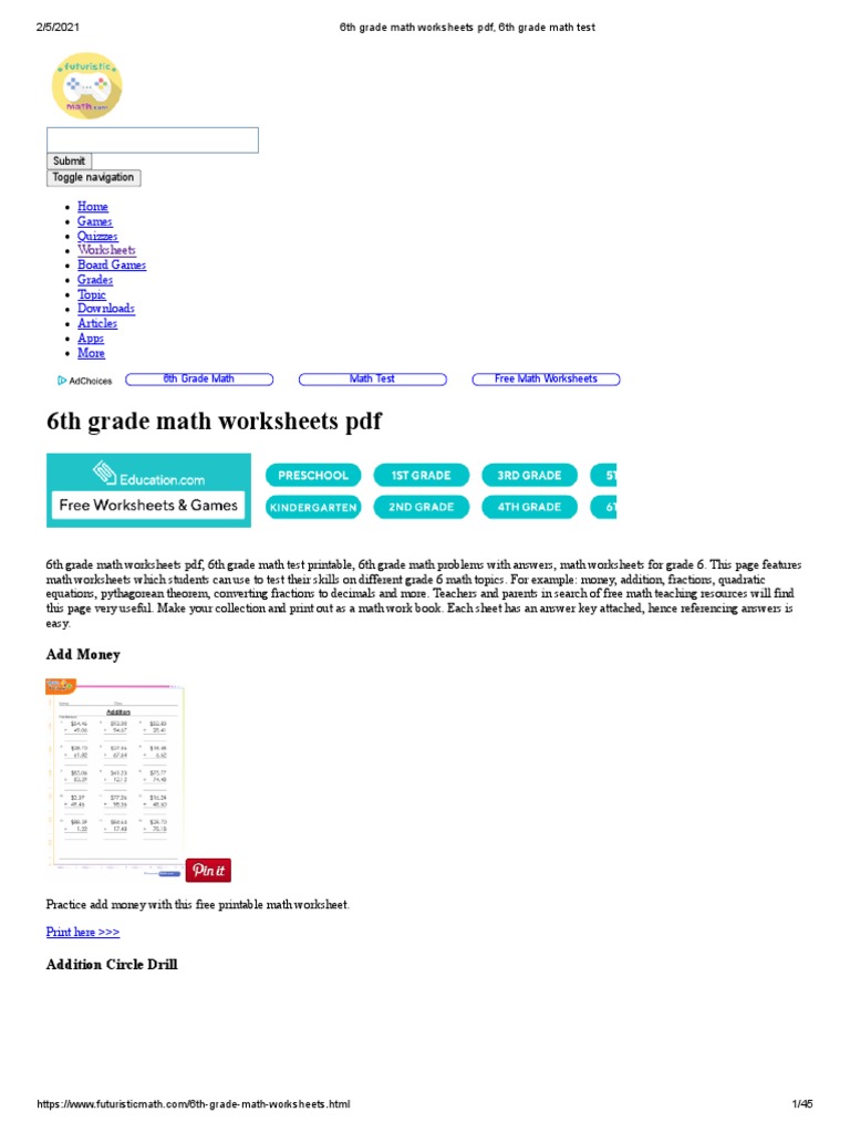 6th Grade Math Worksheets PDF, 6th Grade Math Test | PDF | Area | Worksheet