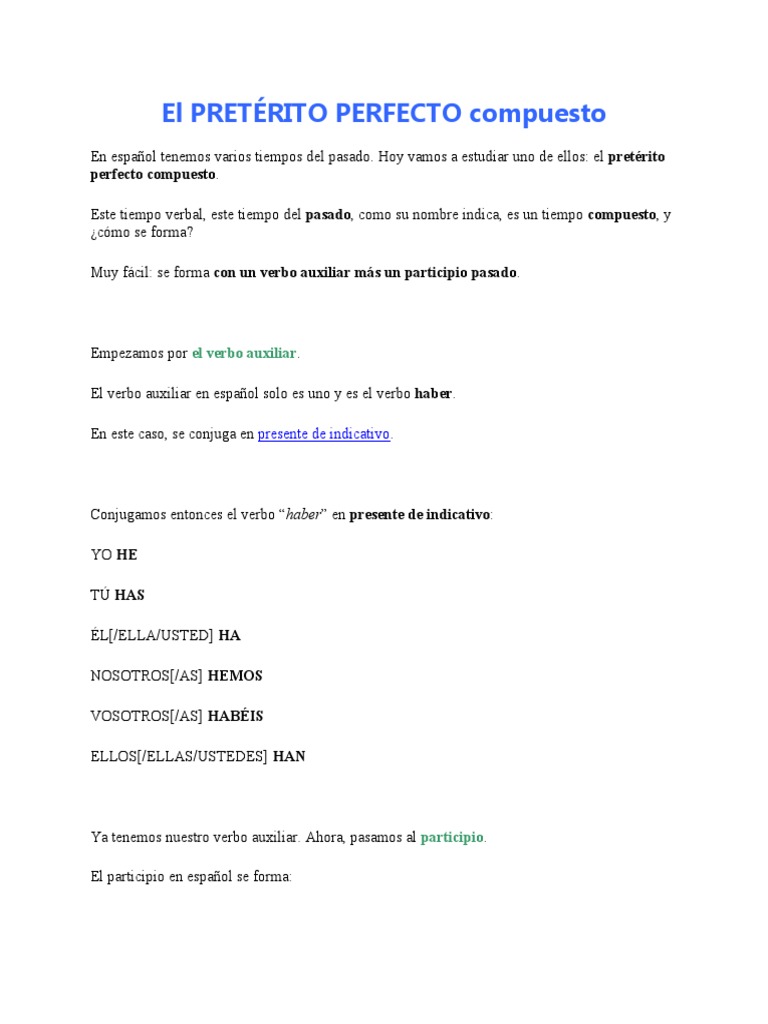 El PRETÉRITO PERFECTO Compuesto | Descargar gratis PDF | Verbo | Sintaxis