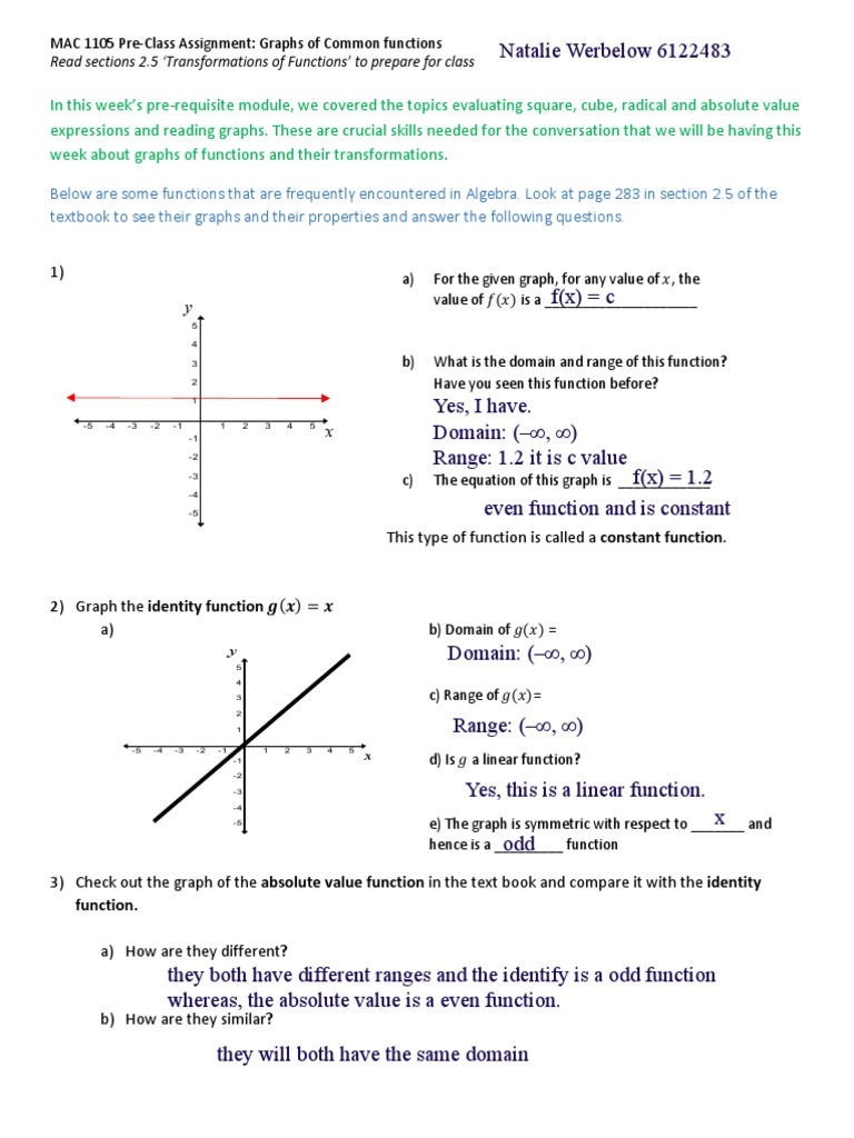 1105 Pre-Class Assignment Week 3 (Library of Functions) | PDF | Quadratic Equation | Function ...