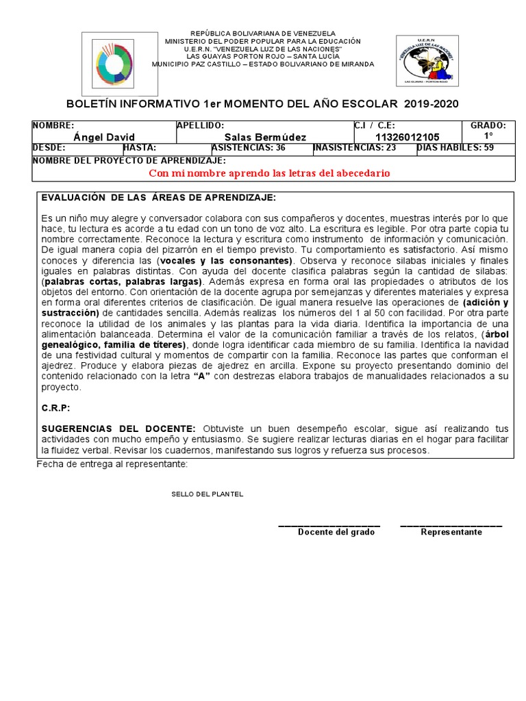 Yasiluz Boletas 1º Grado Primer Momento | PDF | Aprendizaje | Evaluación