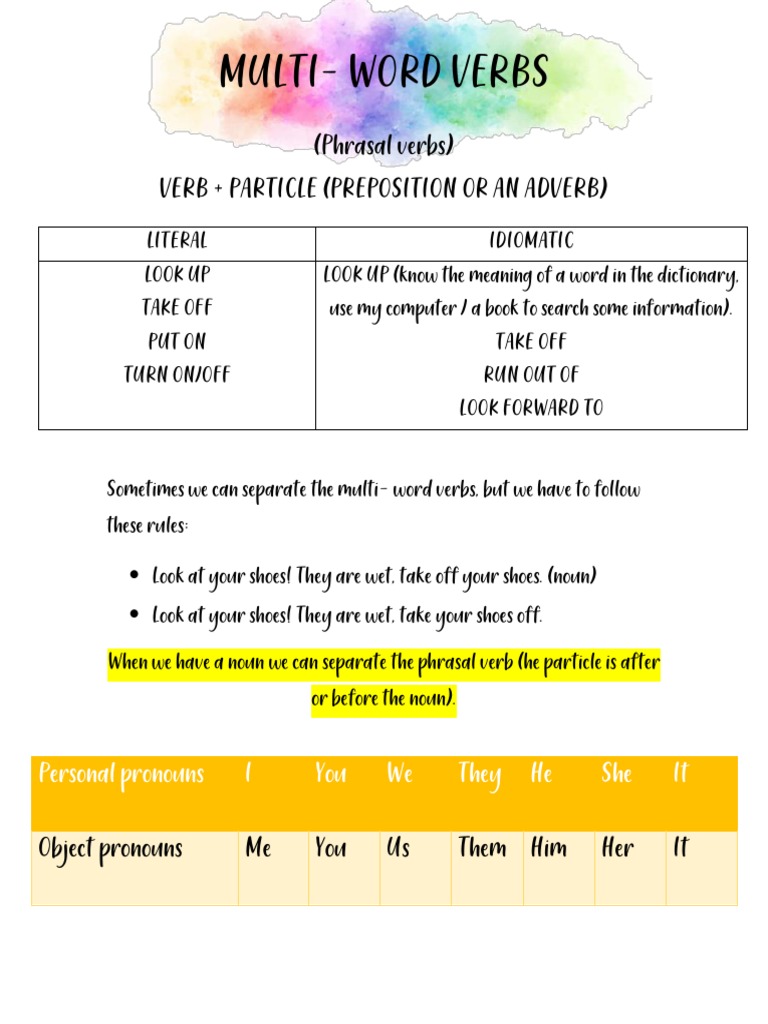 Multi-Word Verbs: (Phrasal Verbs) Verb + Particle (Preposition or An ...
