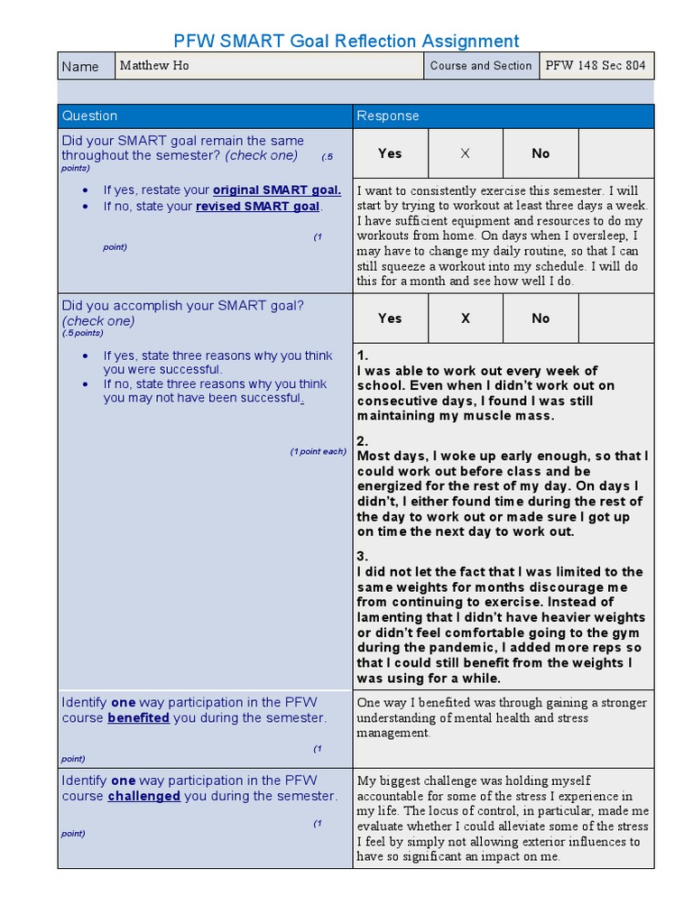 PFW SMART Goal Reflection Assignment | PDF | Psychology | Human Nature