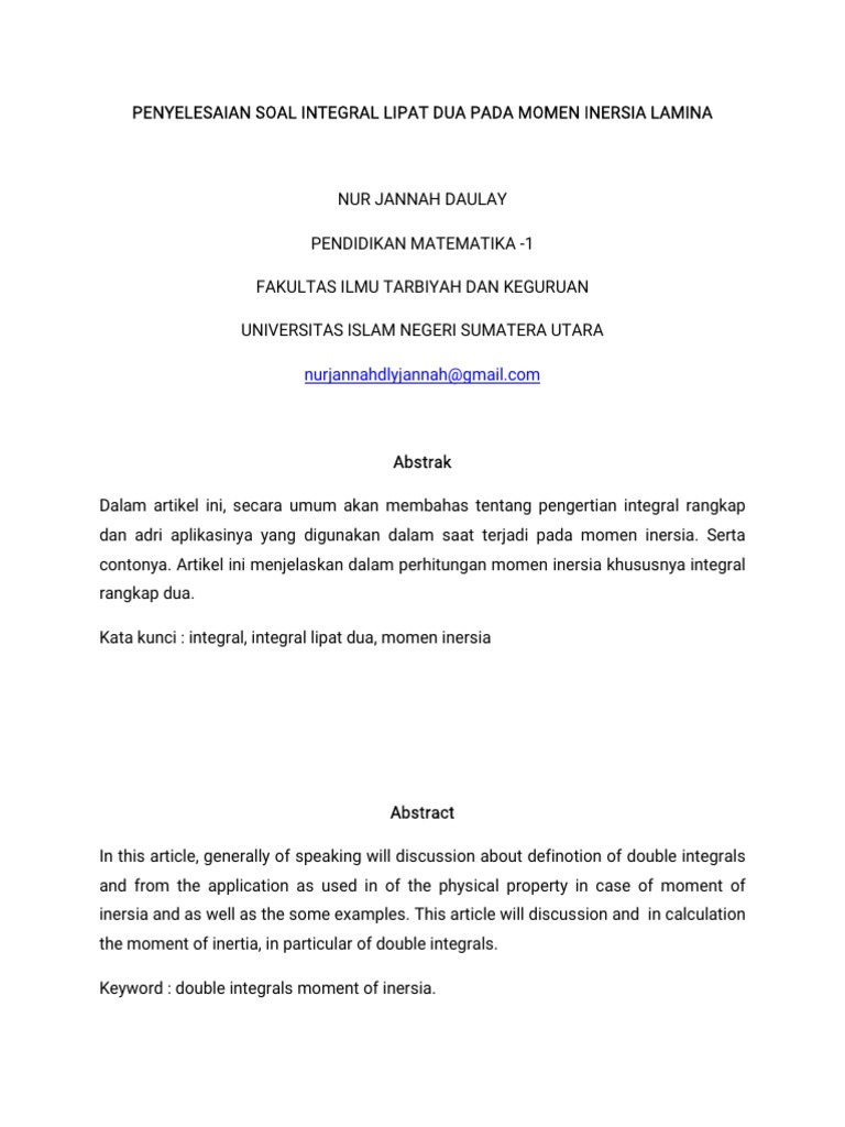 Penyelesaian Soal Integral Lipat Dua Pada Momen Inersia Lamina | PDF