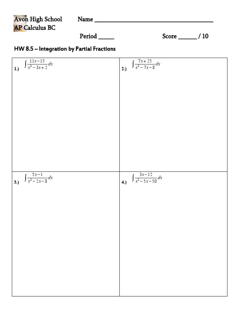 HW 8.5 - Integration by Partial Fractions | PDF | Integral | Functions ...