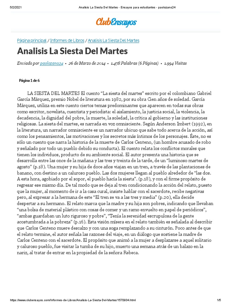 Analisis La Siesta Del Martes - Ensayos para Estudiantes - Paolozano24 ...