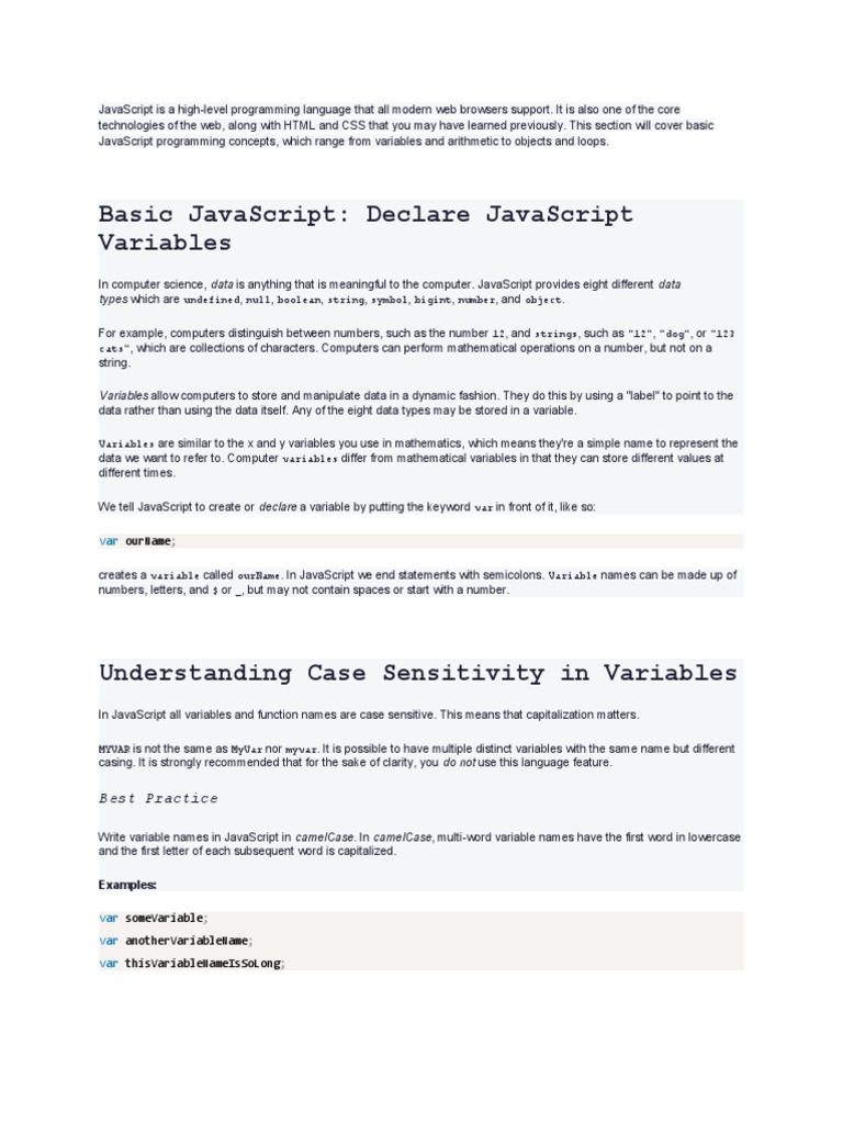 Basic Javascript: Declare Javascript Variables: Types Which Are | Download Free PDF | Parameter ...
