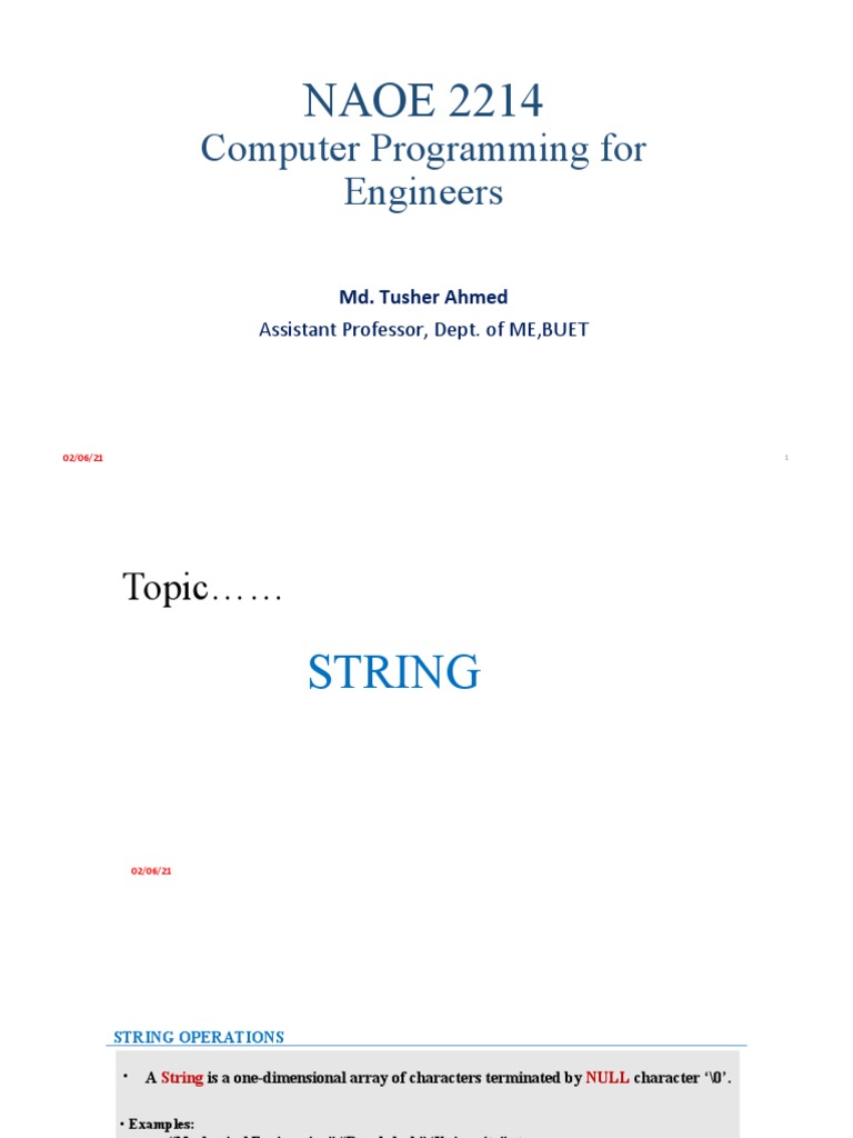 Computer Programming For Engineers: NAOE 2214 | PDF | String (Computer Science) | Computer ...