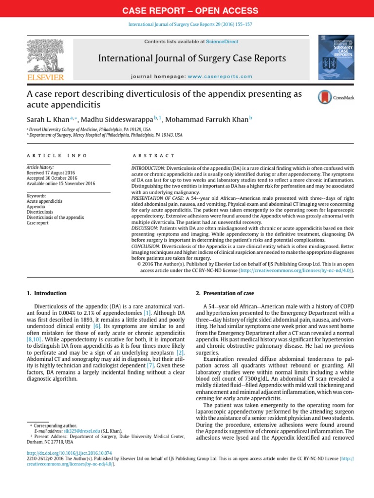A Case Report Describing Diverticulosis of The Appendix Presenting ...