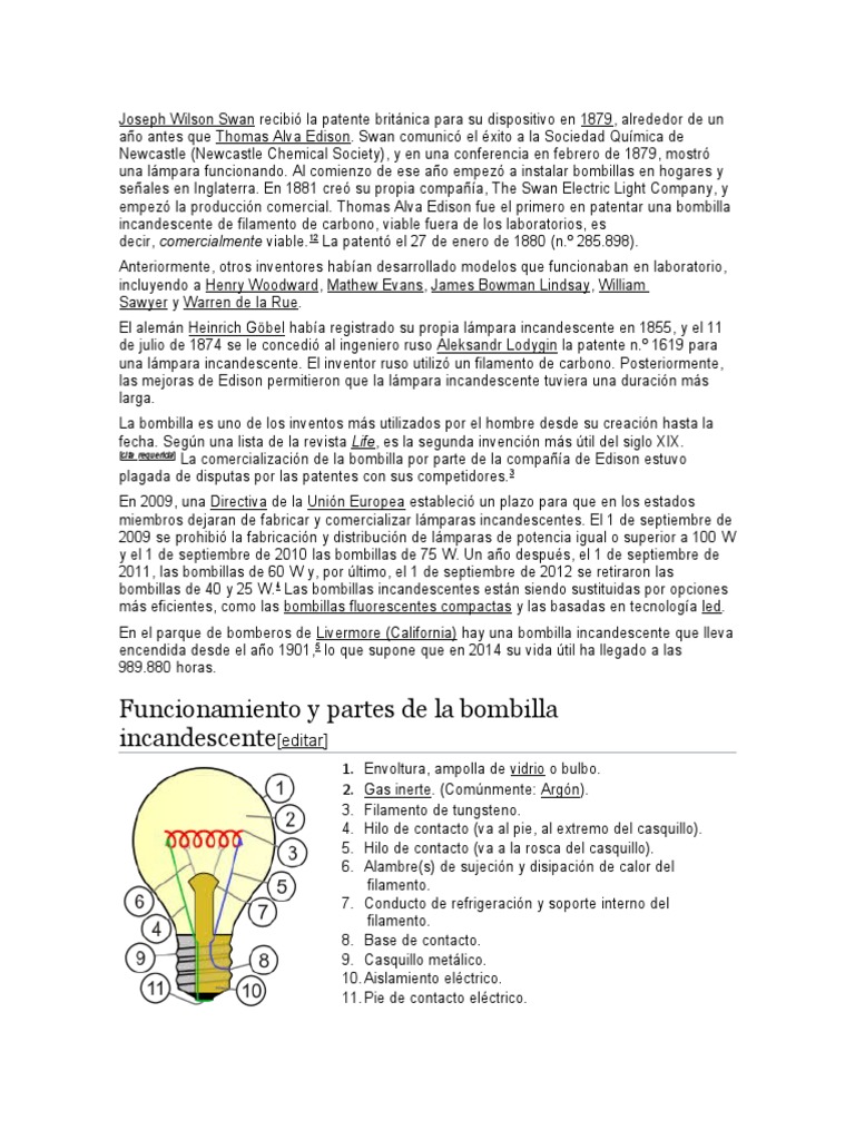 Joseph Wilson Swan Foco | PDF | Bombilla incandescente | Encendiendo