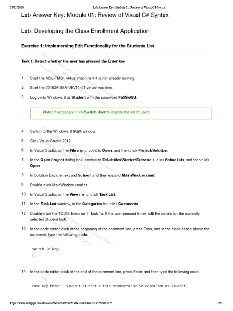 Lab Answer Key Module 1 - Review of Visual C# Syntax | PDF | Microsoft ... Lab Answer Key Module 1 - Review of Visual C# Syntax | PDF | Microsoft ...