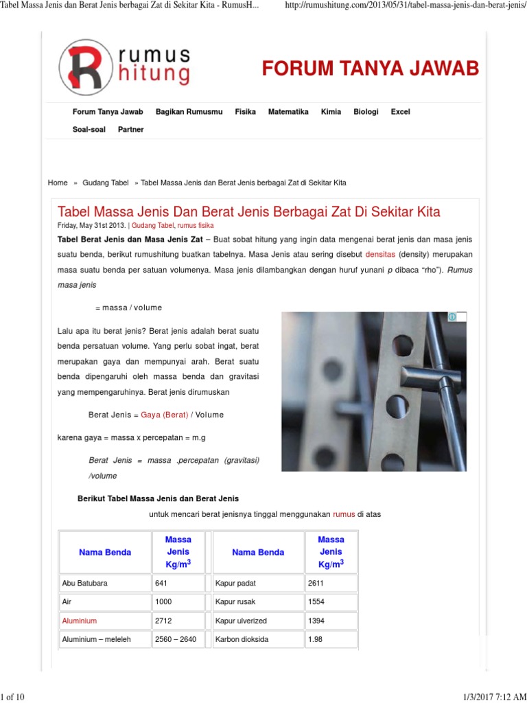 Tabel Massa Jenis Dan Berat Jenis Berbagai Zat Di Sekitar Kita PDF | PDF