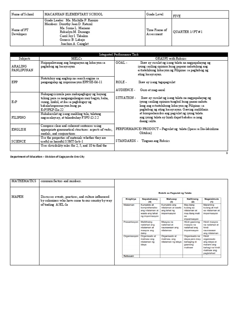 Integrated Performance Task GRADE FIVE LEVEL | PDF