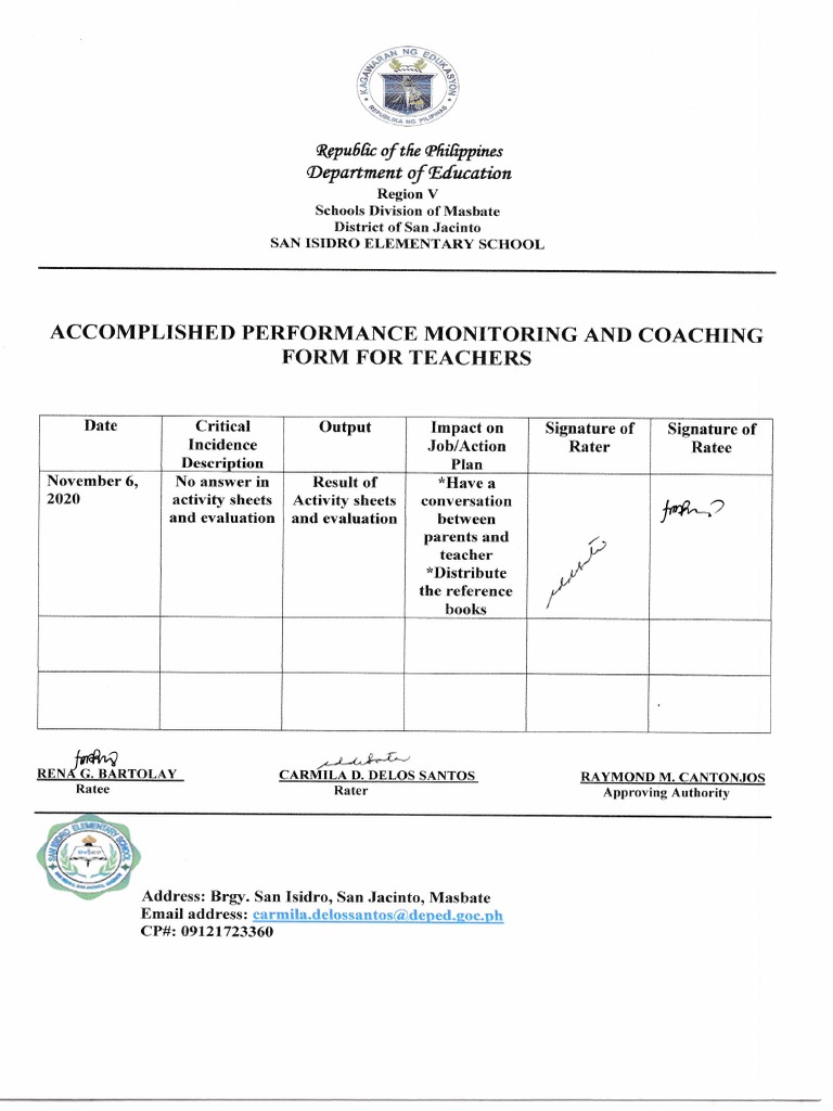 Accomplished Performance Monitoring and Coaching Form For Teachers | PDF